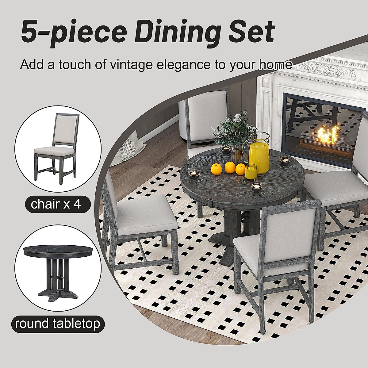 Merax 5-Piece Farmhouse Wooden Dining Set with Extendable Round Table and 4 Upholstered Chairs, for Kitchen, Black