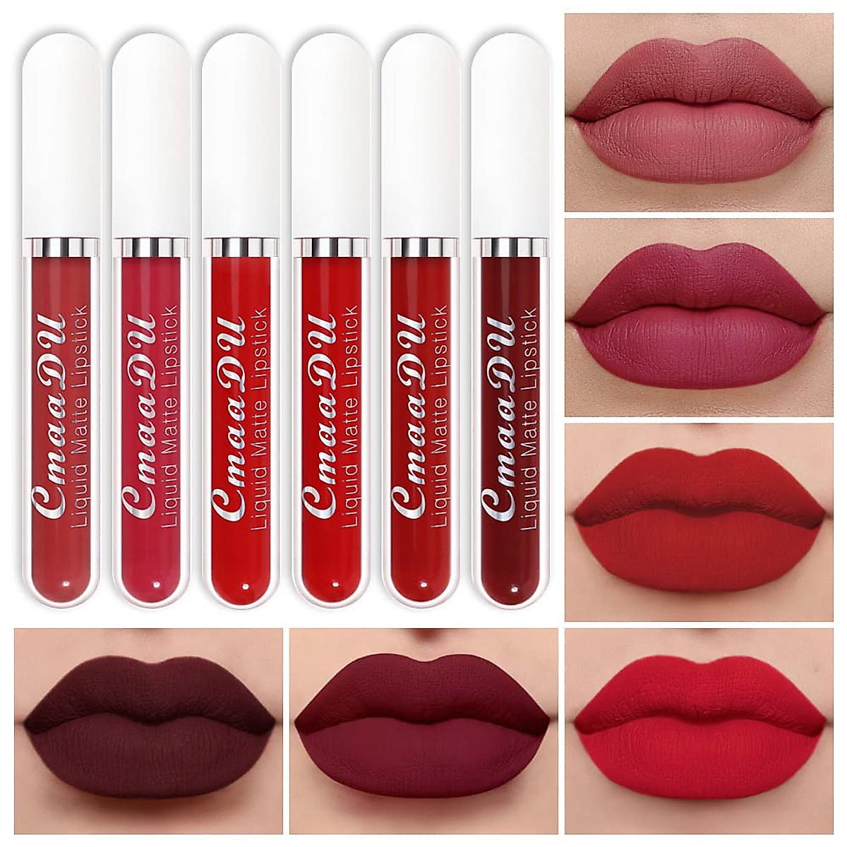 evpct CmaaDu 6Pcs Liquid Matte Lipstick Lipgloss Set for Women Dark Deep Bright Ruby Blood Brick Plum Mauve Rose Red labiales mate 24 horas originale matte larga duracion 24 Hour Lipstick Long Lasting