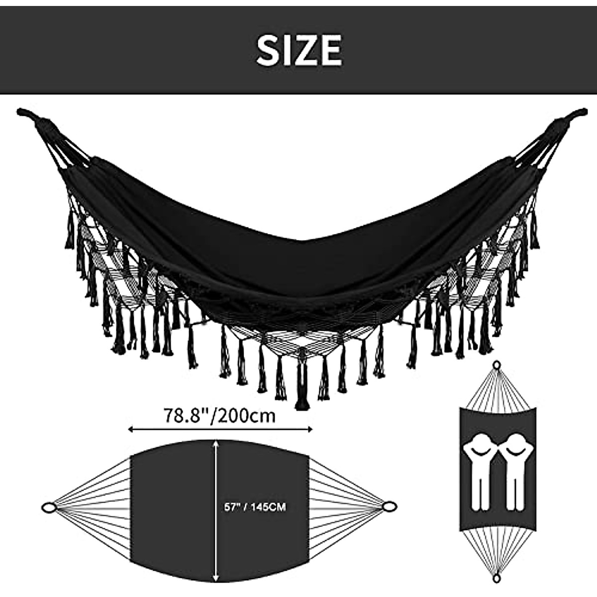 Bellzacasa Double Hammock, Heavy Duty 500 lb Load Capacity Tassels and Fishtail Knitting with Mounting Straps for Outdoor Camping Patio Balcony Black