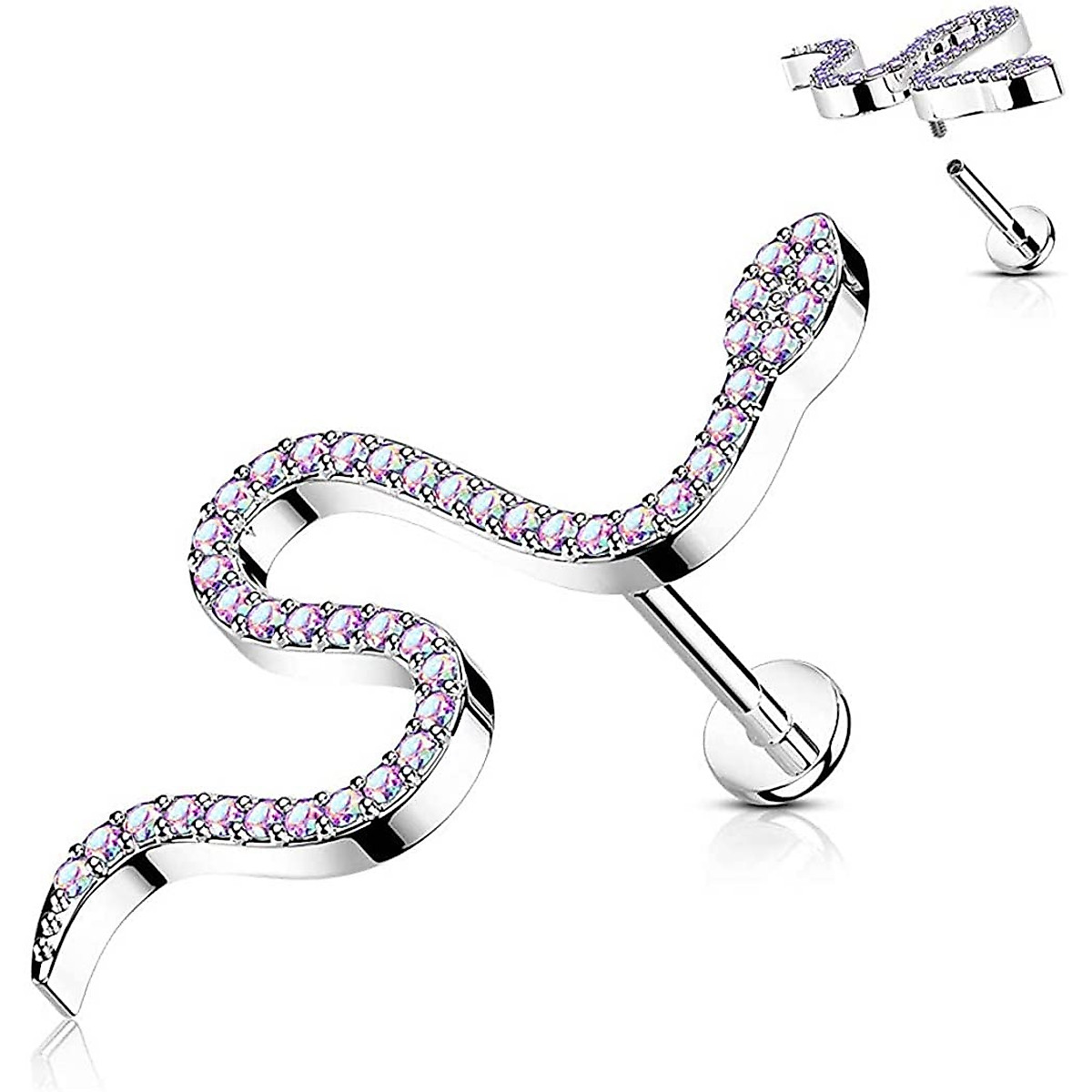 Covet Jewelry Snake Paved CZ Top on Internally Threaded 316L Surgical Steel Flat Back Studs for Labret, Monroe, Cartilage and More (16GA, L: 5/16" (8mm), Aurora Borealis)