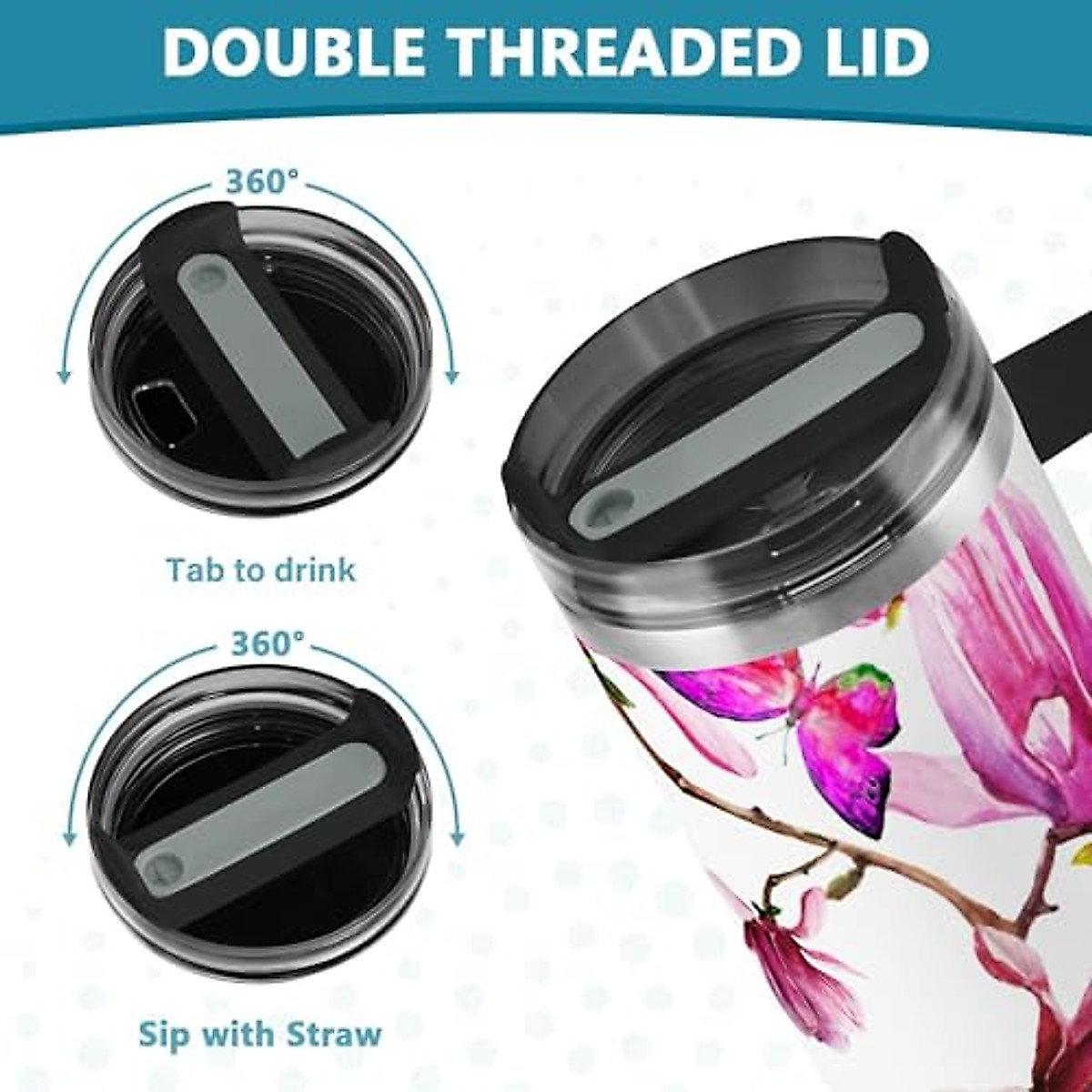Yasala Car Tumbler with Handle Pinks Magnolia Butterfly Travel Mug Coffee Cup Insulated Beverage Container Mega Cup for Hot Cold Drinking Thermos Water Bottle Cupholder Friendly 40 oz
