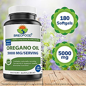 Brieofood Oregano Oil 5000mg/Serving - Contains Naturally Occuring Carvacrol - Healthy Immune Function - 180 Softgels
