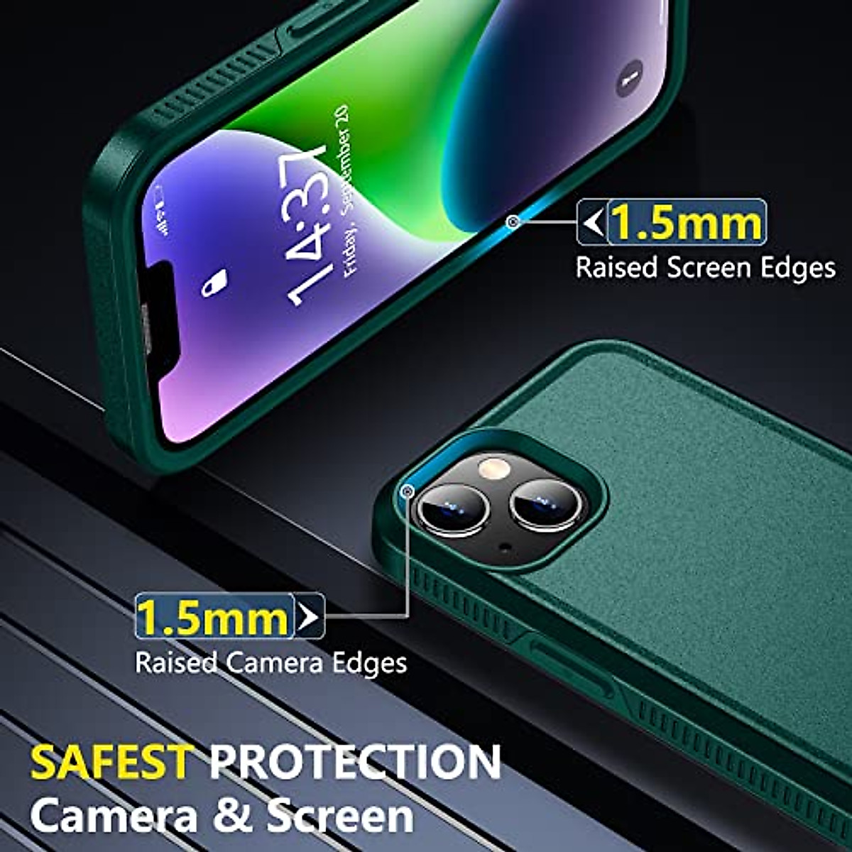 SPIDERCASE for iPhone 14 Case, [15 FT Military Grade Drop Protection][Non-Slip] [2+Tempered Glass Screen Protectors][2+Tempered Camera Lens Protectors] Heavy Duty Shockproof Case, Dark Green