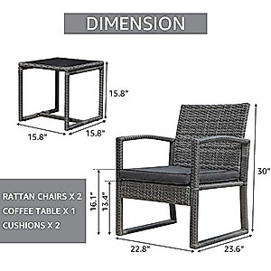 Patiorama 3 Pieces Outdoor Patio Furniture Set, Outdoor Wicker Conversation Set, Patio Rattan Chair Set, Modern Bistro Set with Coffee Table, Garden Balcony Backyard Poolside (Dark Grey)