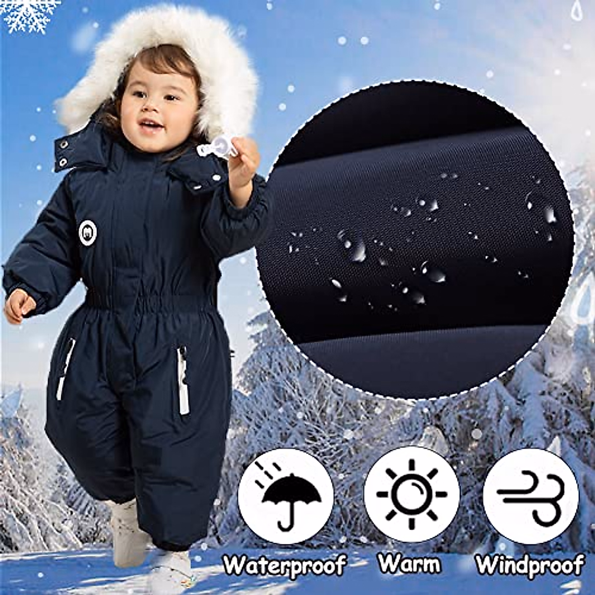 AIKSSOO Kids Baby One Piece Snowsuits Overalls Ski Suits Jackets Coats Jumpsuits Winter Outdoor Snowboarding Dark Blue