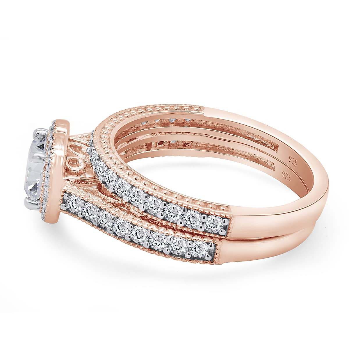 SAVEARTH DIAMONDS 1 1/4 Carat Round Cut Lab Created Moissanite Diamond Halo Bridal Set Engagement Ring In 14k Rose Gold Plated 925 Sterling Silver (G-H Color, 1.25 Cttw) Ring Size-8