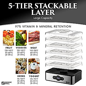 Magic Mill Food Dehydrator Machine | 5 Stackable Stainless Steel Trays Jerky Dryer with Digital Adjustable Timer and Temperature Control - Electric Food Preserver Machine with Powerful Drying Capacity for Fruits, Veggies, Meats & Dog Treats (5 Stainless S