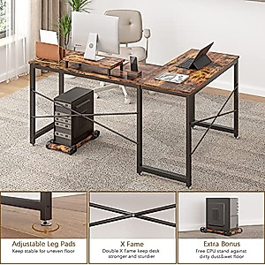 HEEYUE Computer Desk, L Shaped Desk with Large Desktop, Corner Table with Monitor Stand PC Laptop Table Computer Workstation for Home Office (Rustic Brown)