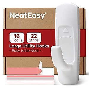 NeatEasy Large Utility Hooks, 16-Hooks, 22-Strips, Organize Damage-Free, 5lbs(Max) Wall Hooks, Waterproof Hooks for Hanging, Adhesive Hooks, Wall Hook