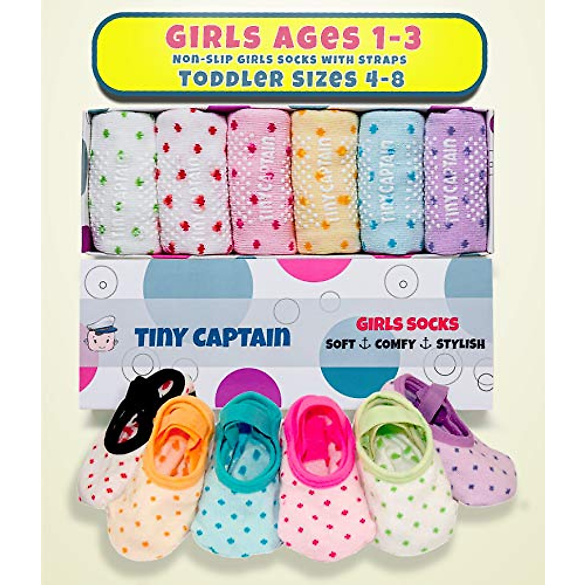 Tiny Captain Baby Toddler Girls Grip Socks 0-12, 1-3, 3-5 Year Old Anti Slip w/Strap Socks Girl 0-5 Yr Old Gift (as1, age, 1_year, 3_years, Rainbow - 6 Pairs)
