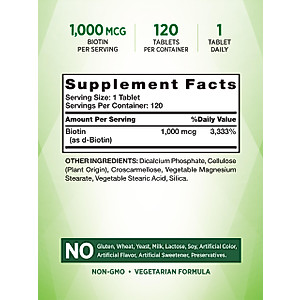 Biotin 1000mcg | 120 Tablets | Hair Skin and Nails Pills | Vegetarian, Non-GMO, Gluten Free Supplement | by Nature's Truth
