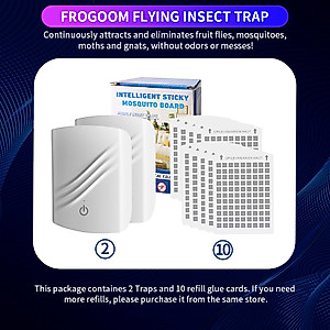 Frogoom Flying Insect Trap, Fruit Fly Traps for Indoors Gnat, Mosquito, Moth and Housefly, Plug-in Bug Light UV Attractant Catcher Fly Traps Indoor for Home Office - No Odor (2 Device + 10 Glue Cards)