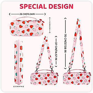 FANPL Cute Carrying Case for Nintendo Switch OLED 2021, Pink Protective Cover Accessories Bundle with Travel Case, PC Shell, Adjustable Shoulder Strap, Thumb Grips, Screen Protector (Pink Strawberry)