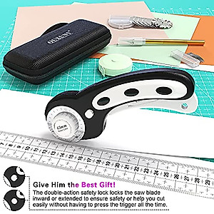 Rotary Cutter,Rotary Cutter for Fabric 45mm with Safety Lock Suitable for Cutting Fabric,Paper,Vinyl,Felt,Leather,Etc,Including Special Storage Box,6 Replacement Blades,Precision Knife,Tape Measure