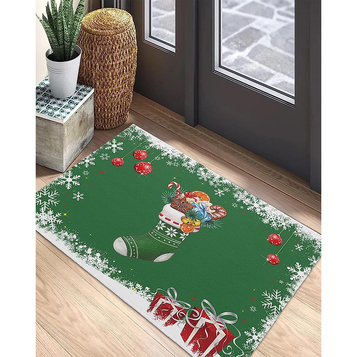 Indoor Door Mat Washable Mat 16x24 Inch - Outdoor Non-Slip Mat Absorbent Resist Dirt Doormats Socks Pattern Green Floor Mat for Entryway Patio Bathroom