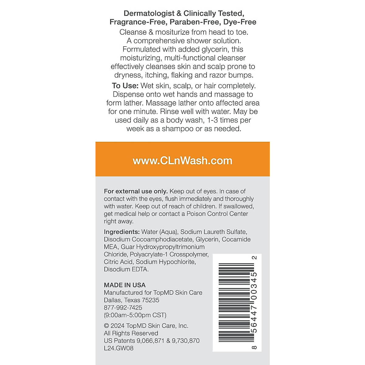CLn® 2-in-1 Gentle Wash & Shampoo- Multi-functional Cleanser for Skin & Scalp Prone to Irritation, Flaking, Itching, Dryness & Razor Bumps, Fragrance-Free & Paraben-Free, 8 fl. oz.