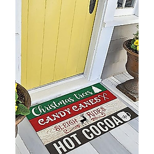 Savannan Floor Mats,Christmas Trees Candy Canes Sleigh Rides Hot Cocoa Wooden Red Green Gray Non Slip Latex Backing Ultrathin Loop Pile Door Rugs for Dining Room Office Home Decor 24"x36"