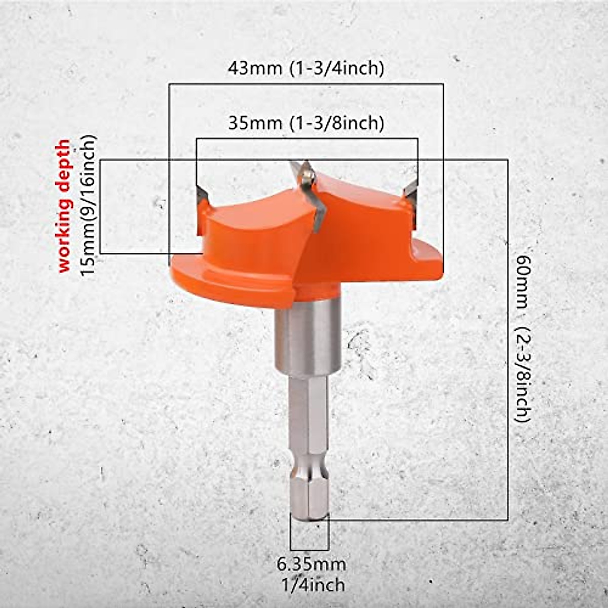 Vearter 1-3/8'' Tungsten Carbide Forstner Drill Bit, 2-Flute Woodworking Hinge Cup Hole Saw Cutter with Quick Release Shank for Kitchen Cupboard (35mm)