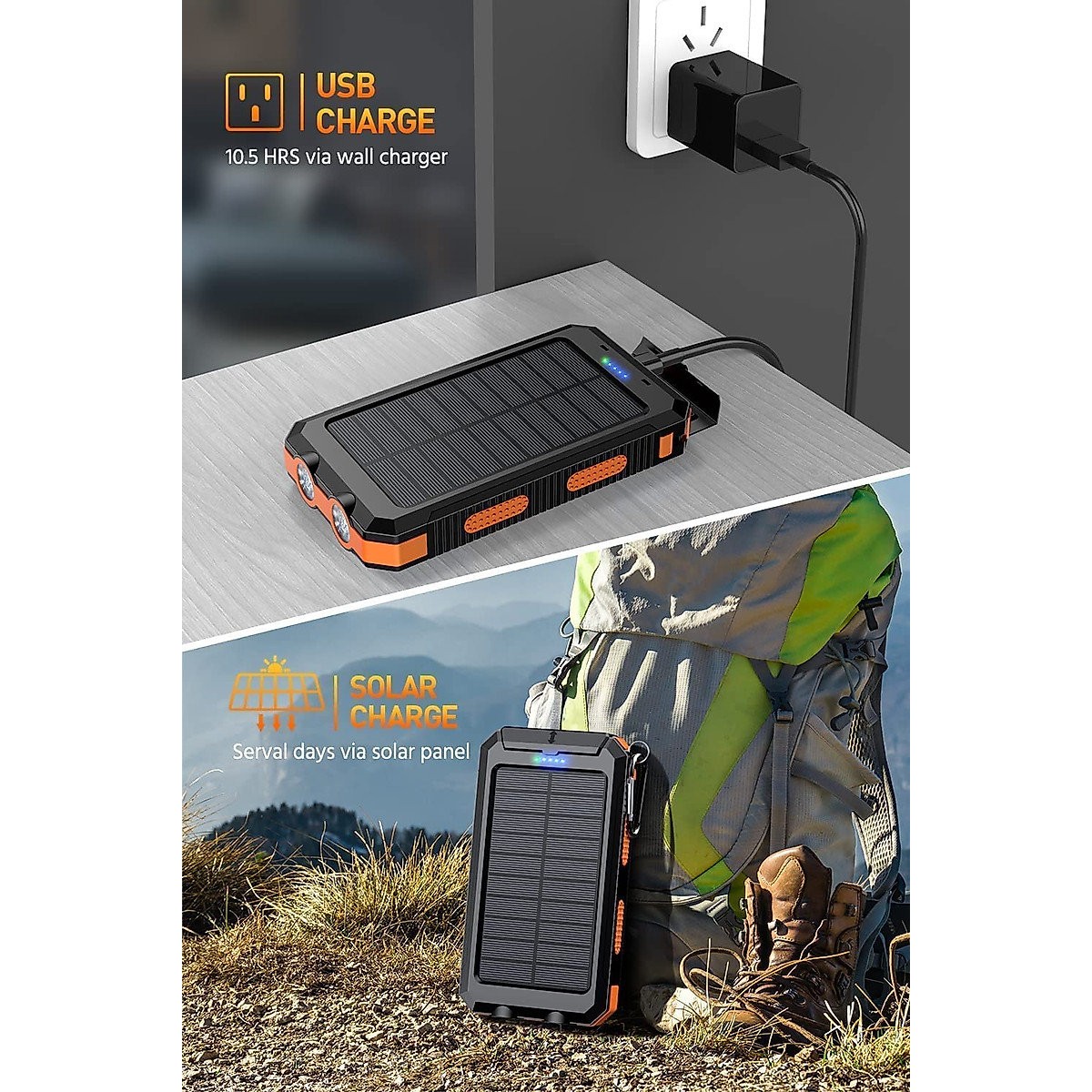 Mregb Power Bank,Solar Charger,36800mAh 5V3.1A QC 3.0 Dual 2 USB Port Built-in Powerful Flashlight IPX7 Waterproof Dustproof Shockproof(Deep Orange)