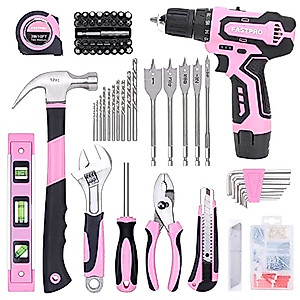 FASTPRO 175-Piece 12V Pink Drill Set, Cordless Lithium-ion Driver and Tool Kit, House Repairing Tool with 12-Inch Storage Bag, For DIY, Home Maintenance.