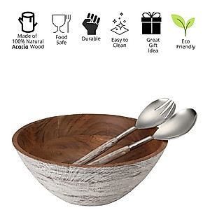 Folkulture Salad Bowl or Wooden Bowls with Matching Servers, Wooden Salad Bowl or Large Bowl in 3 Colors, 12" D x 5" H, Acacia Wood, Wood Bowl or Large Bowl, Wooden Salad Bowl Set, Whitewash