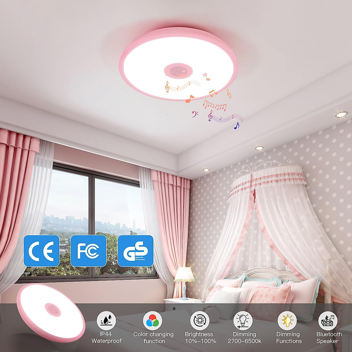 ASALL Pink Waterproof LED Ceiling Light Fixture,Music Ceiling Lamp,with Bluetooth Speaker,11Inch 18W, 2700K-6500K Dimmable RGB Color Changing Light with Remote Control,Suitable for Girls' Room