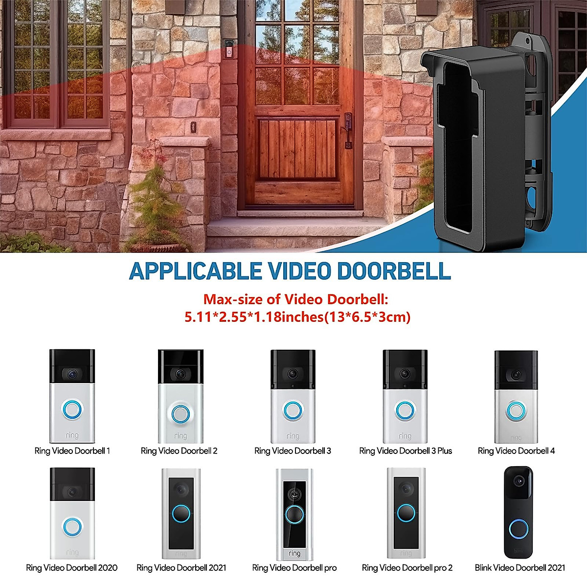 Anti-Theft Video Doorbell Angle Mount, 45 to 135 Degree Adjustable Ring Camera Holder Doorbell Door Mount for Apartment, Compatible with Ring/Blink Video Doorbell 4 3 Plus 2 1 Pro 2