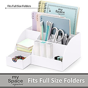 Office Desk Organizer, White Acrylic, with Drawer, 9 Compartments, All in One Office Supplies and Cool Desk Accessories Organizer, Pen Holder, Enhance Your Office Decor Desktop Organizer (White)