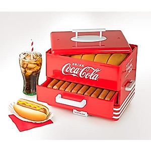 Nostalgia Extra Large Diner-Style Coca-Cola Hot Dog Steamer and Bun Warmer, 24 Hot Dog and 12 Bun Capacity, Steam Bratwursts, Sausages, Vegetables, Fish, Dumplings, Red