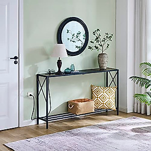 Tajsoon 55.1 Inch Console Table with Charging Station, Industrial entryway Table, Narrow Sofa Table with Shelves, Entrance Table for Entryway, Hallway, Living Room, Foyer, Office, Rustic Brown & Black