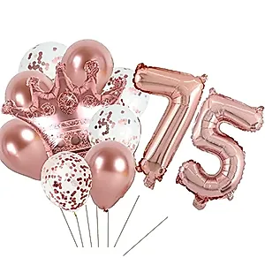 KUNGOON 75th Birthday Balloon,Rose Gold Number 75 Mylar Balloon,Funny 75th Birthday/Wedding Anniversary Crown Aluminum Foil Balloon Decoration for Women/Men.