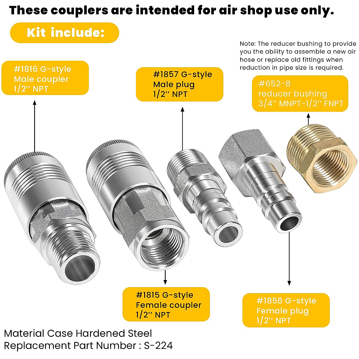 1/2" NPT G Style Air Coupler Plug and Air hose Fittings Reducer Bushing Kit S-224 For require more than 60 SCFM (5pcs)