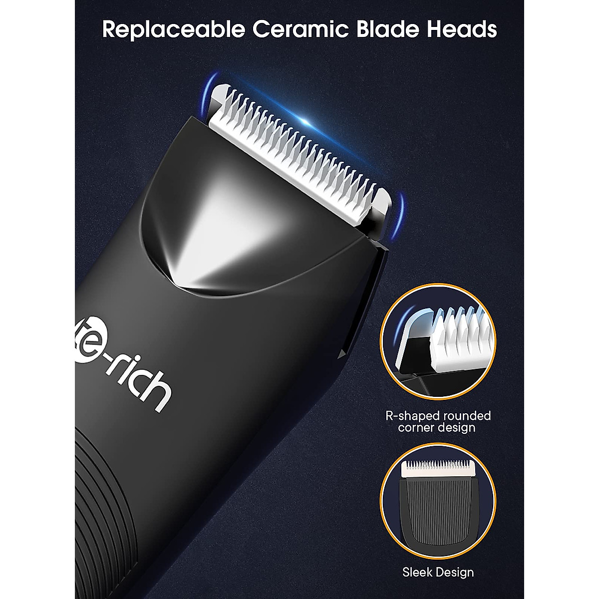 Te-Rich Body Groin Hair Trimmer for Men, Replaceable Ceramic Blade Heads, Waterproof Wet & Dry Clippers, LED Light and Standing Dock, Ultimate Male Hygiene Razor and Electric Body Shavers for Balls
