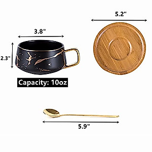 Peohud 2 Pack Ceramic Tea Coffee Cup, 10 OZ Coffee Mug with 304 Stainless Steel Spoon and Bamboo Saucer, Marble Espresso Cups for Latte, Cappuccino, Americano, White and Black