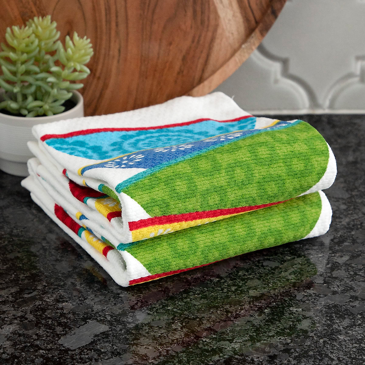 T-fal Textiles Double Sided Print Woven Cotton Kitchen Dish Towel Set, 2-pack, 16" x 26", Dish Stack Print