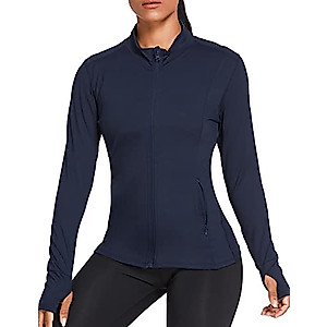 PINSPARK Workout Long Sleeve Sports Jacket For Women Full Zip Workout Running Track Jacket Breathable Navy Blue L