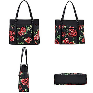 Laptop Tote Bag Womens Work Purse Floral Teacher Handbag Shoulder Bag fit 15.6 in laptop (Black - Rose)