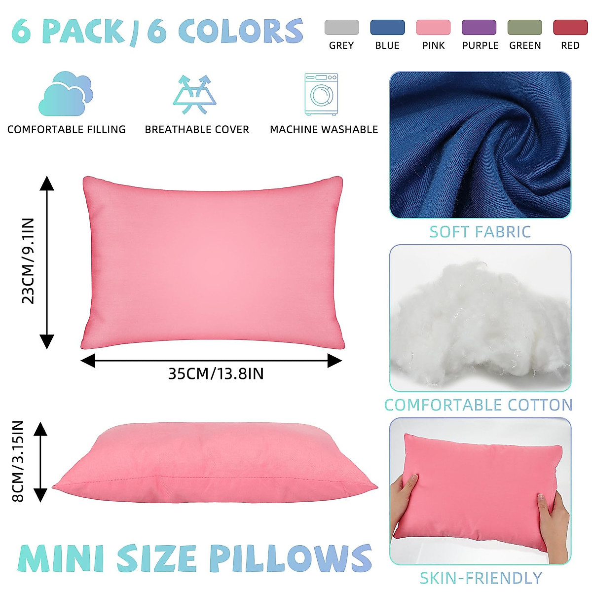 Kigley Mini Pillows for Daycare 9.1 x 13.8'' Small Travel Pillow Bulk Soft Breathable Cotton Pillow for School Nap Travel Pet Neck Lumbar Purse Insert