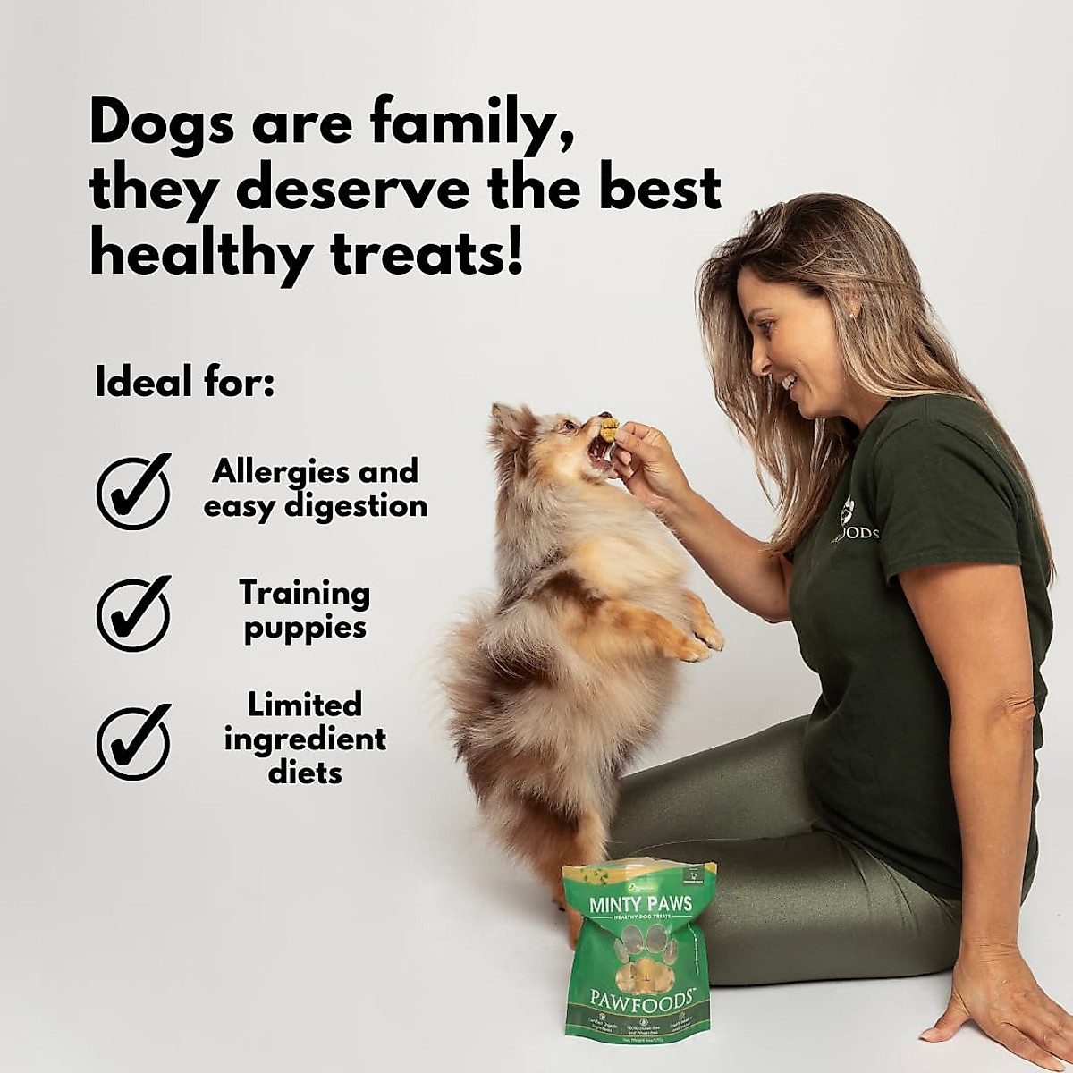 PawFoods Treats - Minty Dog Dental Treat - Organic Dog Treats Chews, Healthy Dog Mints for Bad Breath, Dog Breath Freshener & Teeth Strength, Only 5 Cal, Approx. 60 Treats Per Bag - 170g - Made in USA