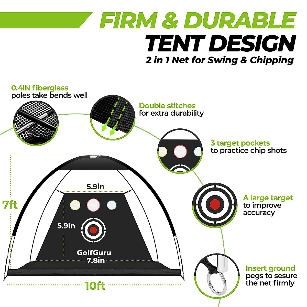 Golfguru Golf Net, 10x7ft All in 1 Golf Practice Net with XL Tri-Turf Golf Mat, Impact Target, 10 Golf Balls, 7 Golf Tees, 2 Rubber Golf Tees, Carry Bag, Golf Net for Backyard Driving Chipping Indoor