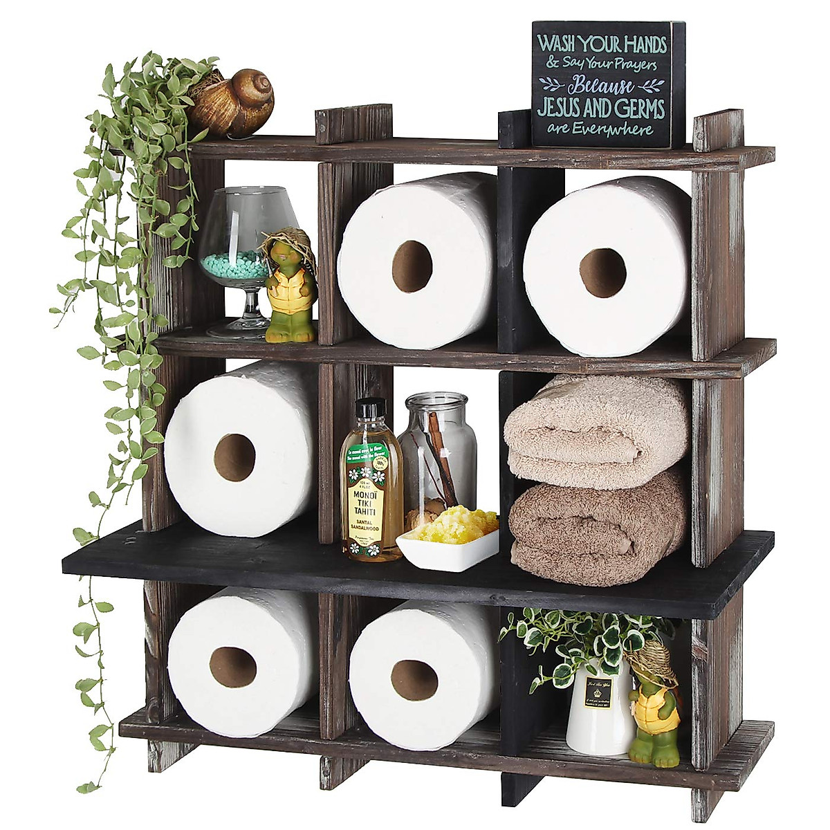 J JACKCUBE DESIGN Rustic Farmhouse Wooden Bathroom Shelves, Wooden Over The Toilet Shelf Toilet Paper Cabinet Tissue Roll Towel Plant Storage Organizer with 9 Compartments for Bathroom Decor - MK627A