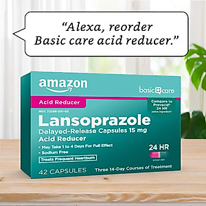Amazon Basic Care Lansoprazole Delayed Release Capsules, 15 mg, Proton Pump Inhibitor, Treats Frequent Heartburn, 24 Hour Heartburn Medicine, 42 Count