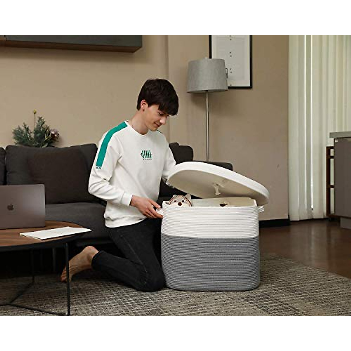 22”x14”x18” Rectangular Extra Large Storage Basket with Lid, Cotton Rope Storage Baskets, Laundry Hamper, Toy Bin, for Toys Blankets Storage in Living Room, Baby Nursery, Grey Basket with Lid