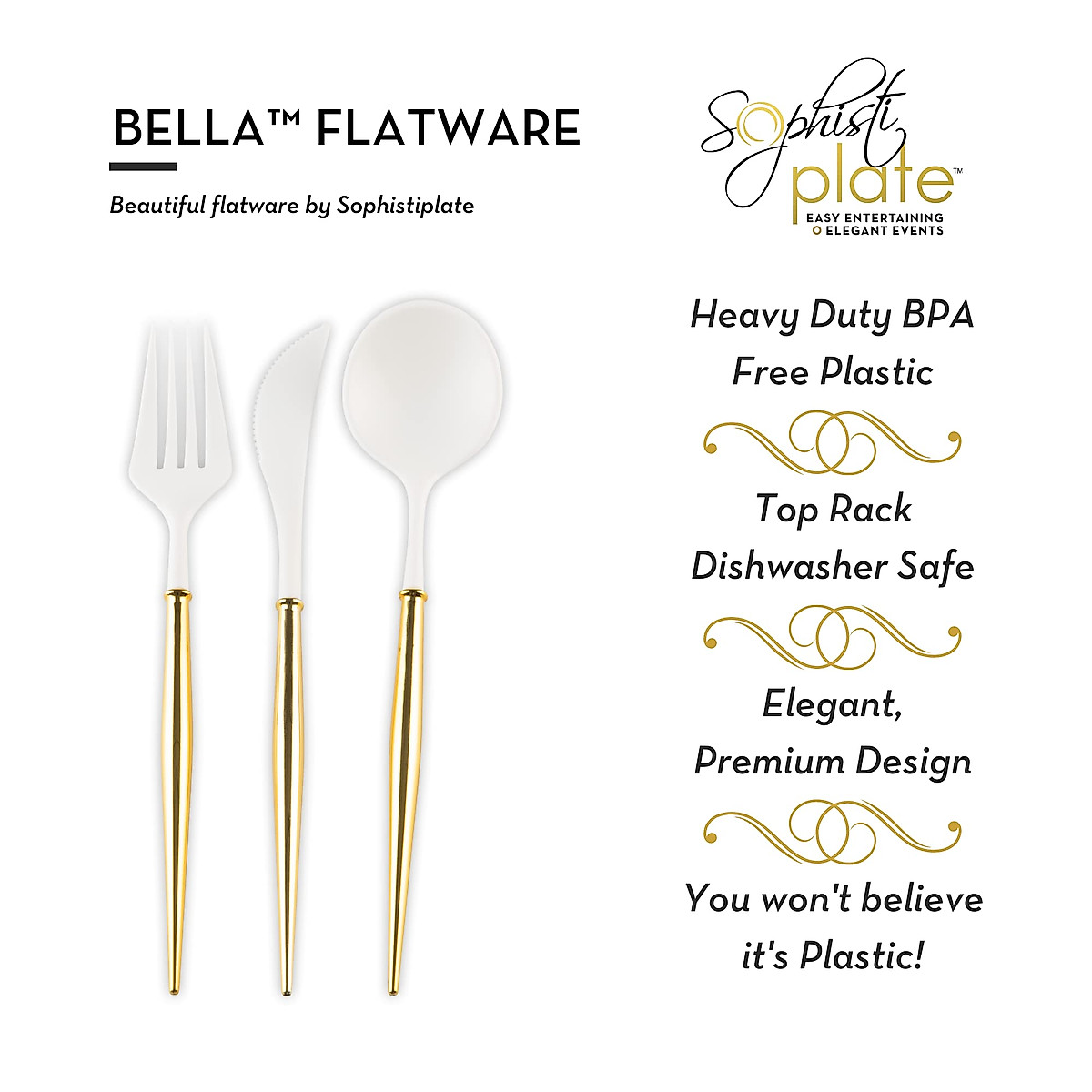 Sophistiplate Bella Flatware Cutlery Set for 12 | Fork, Spoons & Knives Silverware Utensil Set | Reusable Dinnerware Sets Plastic & Top Rack Dishwasher Safe | White with Gold Handle 36 Count