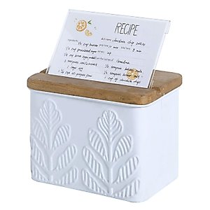 NIKKY HOME 4x6 Kitchen Metal Recipe Organization Box with Cards and Dividers, Plant Embossing Pattern