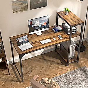 DESIGNA Computer Desk with 4 Tier Shelves, 55 Inch Heavy Duty Writing Study Table with Bookshelf, Modern Simple Style Steel Frame Wood for PC Table, Archaize Brown