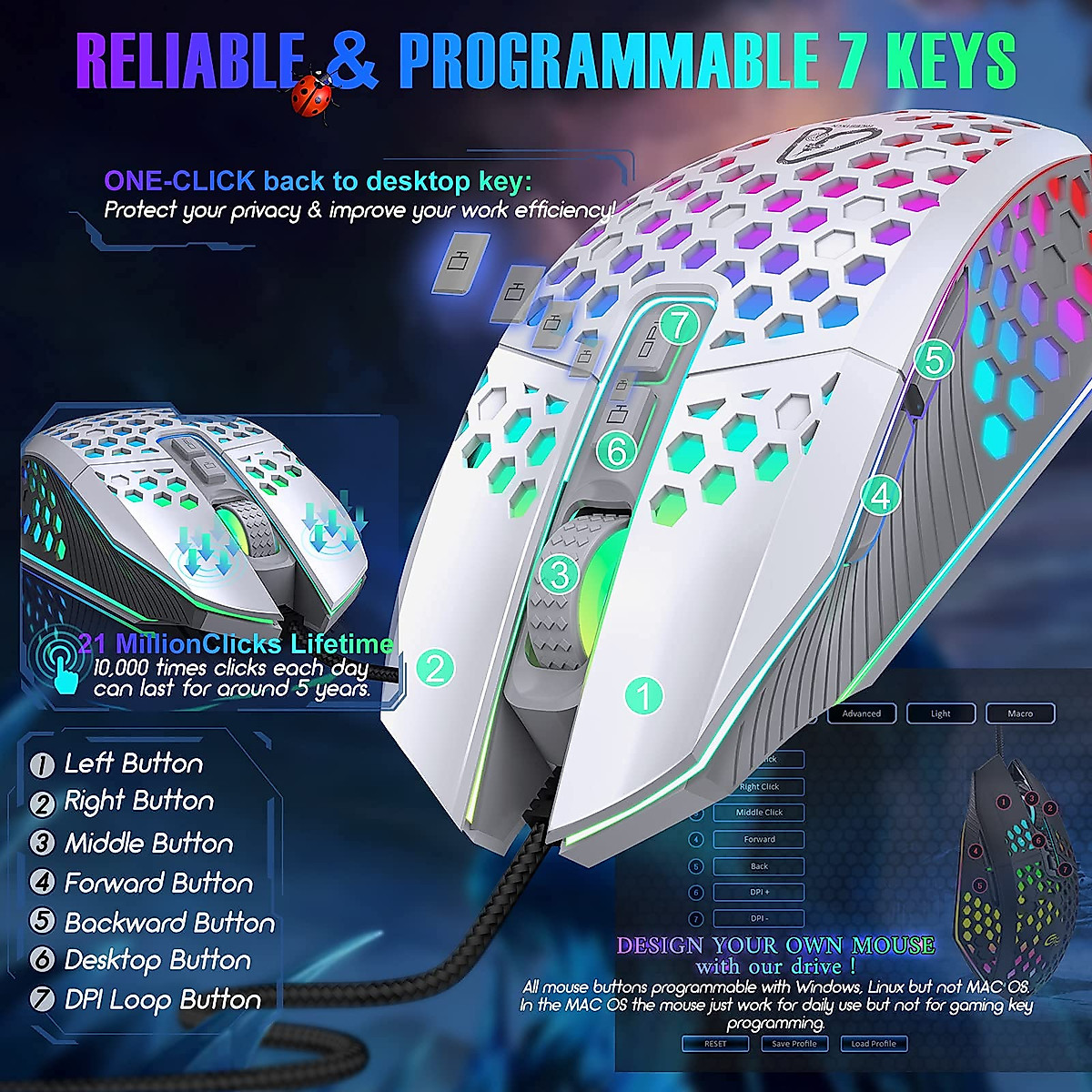 RICESTKCN Gaming Mouse PC Gaming Mice - Honeycomb Mouse Gamer RGB Gamingmouse Wired Ergonomic 6 Levels up to 8000 DPI 7 Programmable Buttons 7 Backlight Modes for PC Laptop Mac Windows Vista (White)