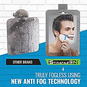Stratazon Shower Mirror Fogless for Shaving, New Anti-Fog Replaceable Shields, Hard Water Resistant, 3m Razor/Mirror Hook, Ultra Suction, Easy Install, Shower Mirror, Large (7x10)