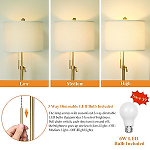 Modern Floor Lamp for Living Room, Adjustable Height Standing Lamp with Marble Base, 3-Way Dimmable Gold Tall Pole Light with White Linen Shade for Reading Bedroom, Pull Chain Switch, Bulb Included