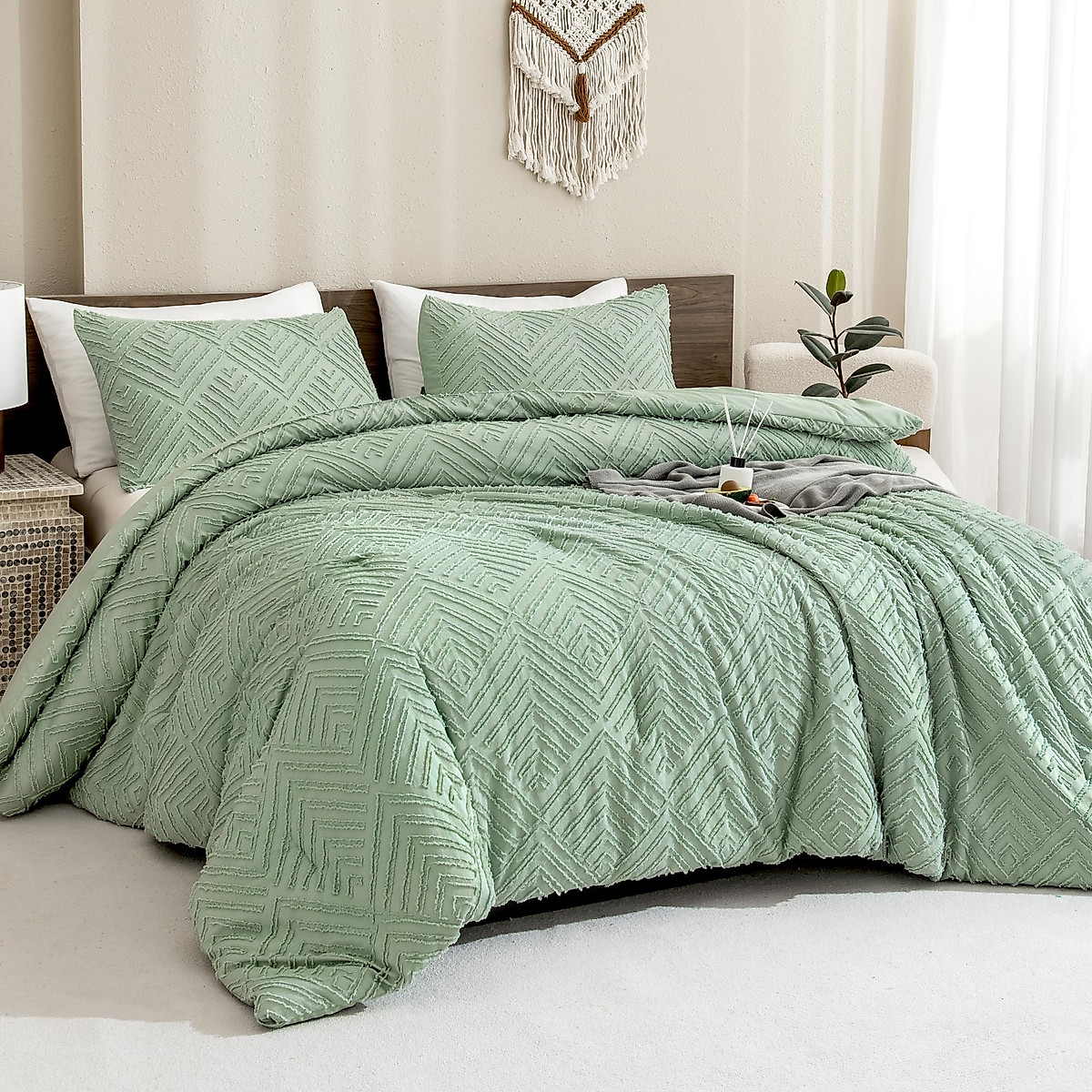 Andency Full Comforter Sets Sage Green, Boho Lightweight and Fluffy Bedding Set for Full Bed, 3 Pieces Tufted Farmhouse Design for All Seasons (79x90Inches, 1 Comforter and 2 Pillow Shams)
